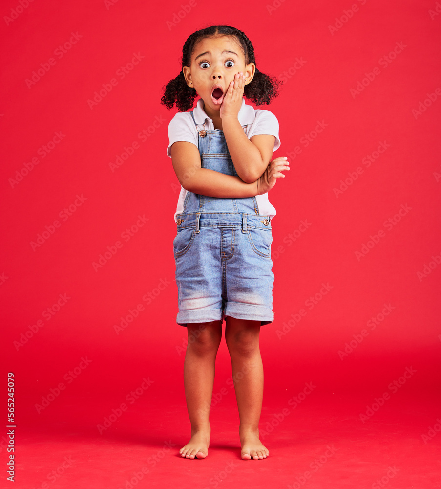 Little girl, portrait or shocked hand on face, isolated or red ...