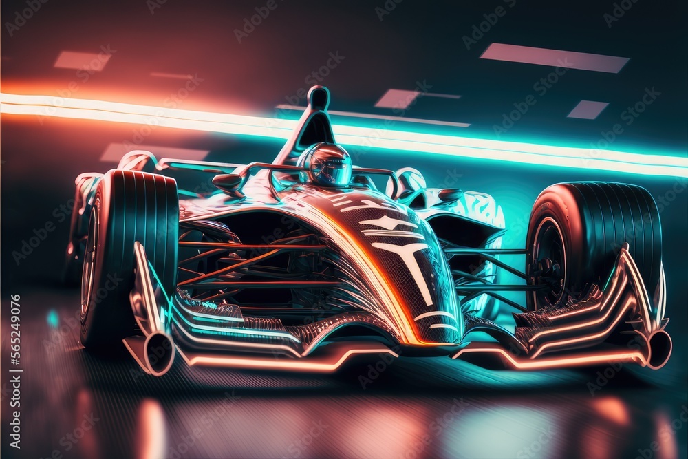 Futuristic Racing Cars under Neon Illumination with headlights on the ...