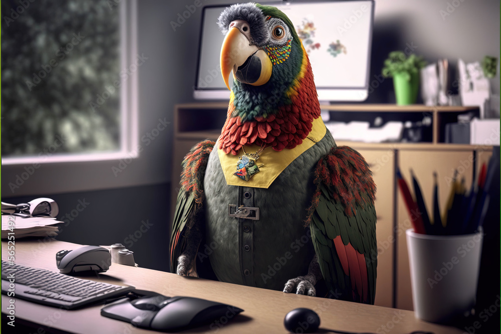 parrot wearing a suit and working in an office ai generated Stock ...