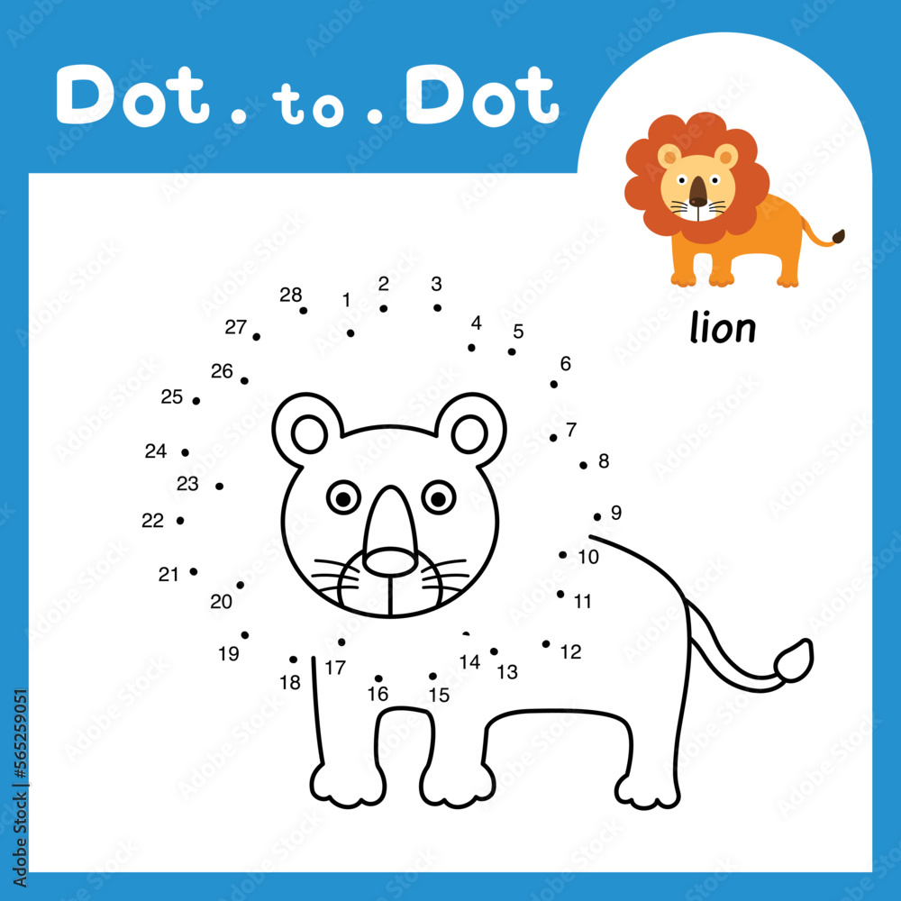 Dot to dot educational game and coloring book of lion animal cartoon ...