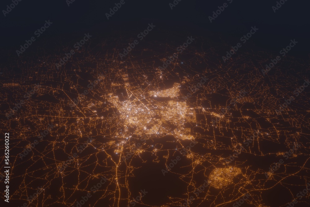 Aerial shot of Marrakesh (Morocco) at night, view from north. Imitation ...