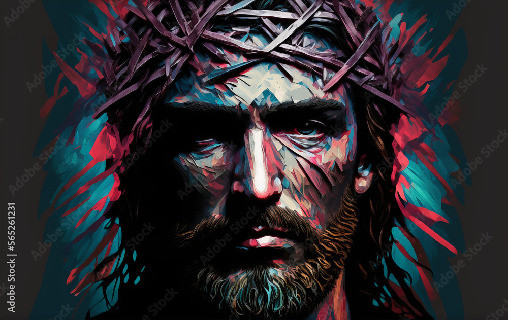 Abstract portrait of Jesus Christ wearing a crown of thorns. Generative ...