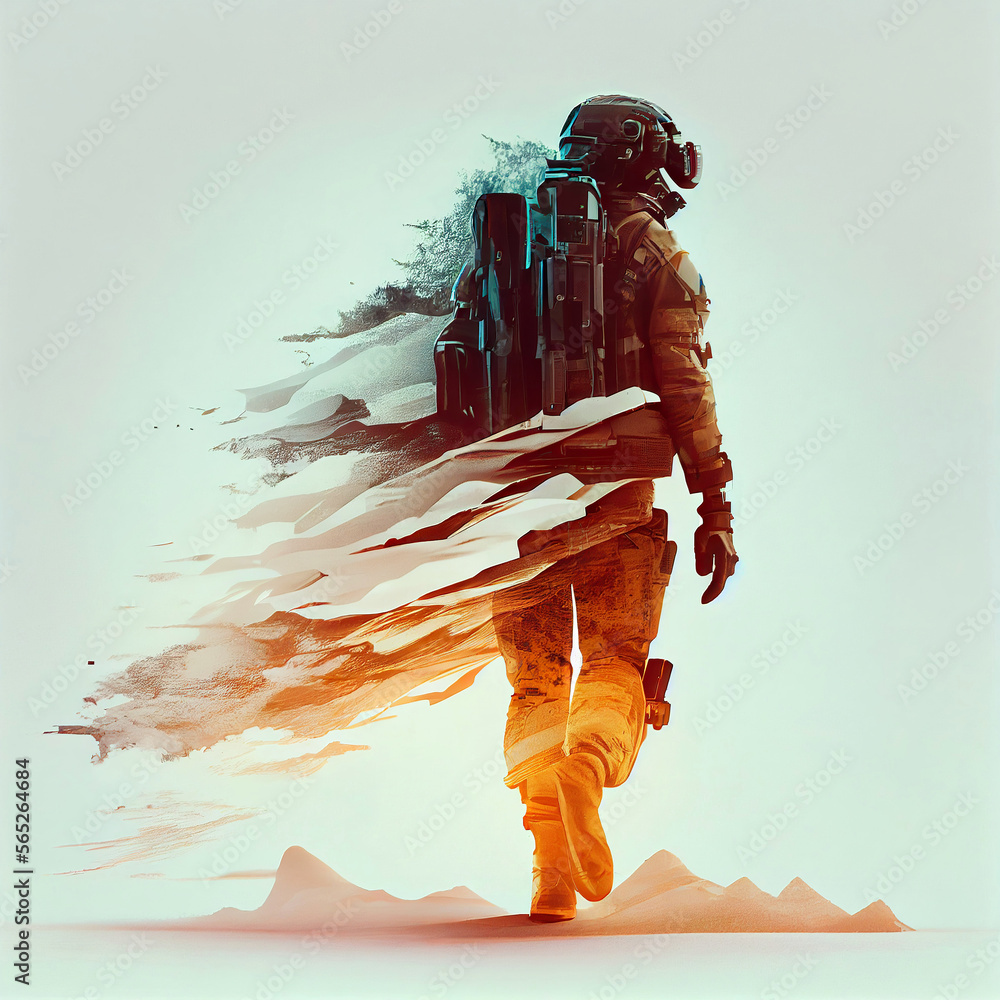 Double exposure silhouette of modern soldiers in a scene from a game or ...