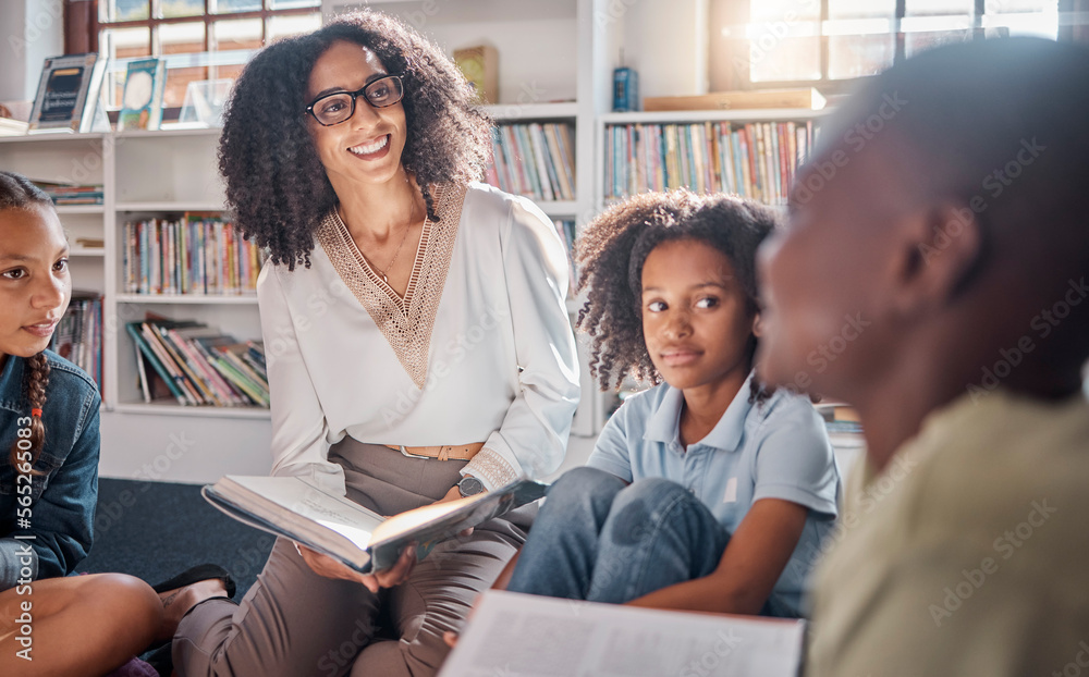 Storytelling, teacher or students with talking in a library asking ...