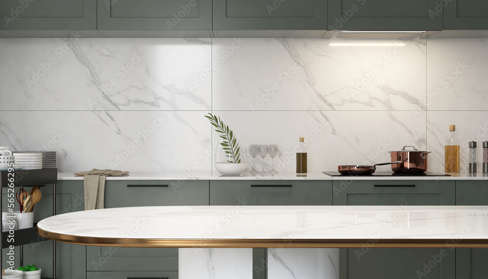 Luxury marble dining table, sage green kitchen counter with white ...