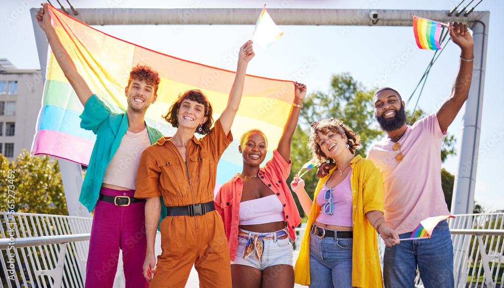 Friends, city and happy lgbt people with rainbow flag for support ...