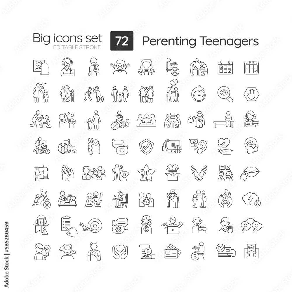 Parenting teenagers linear icons set. Raising adolescent children ...
