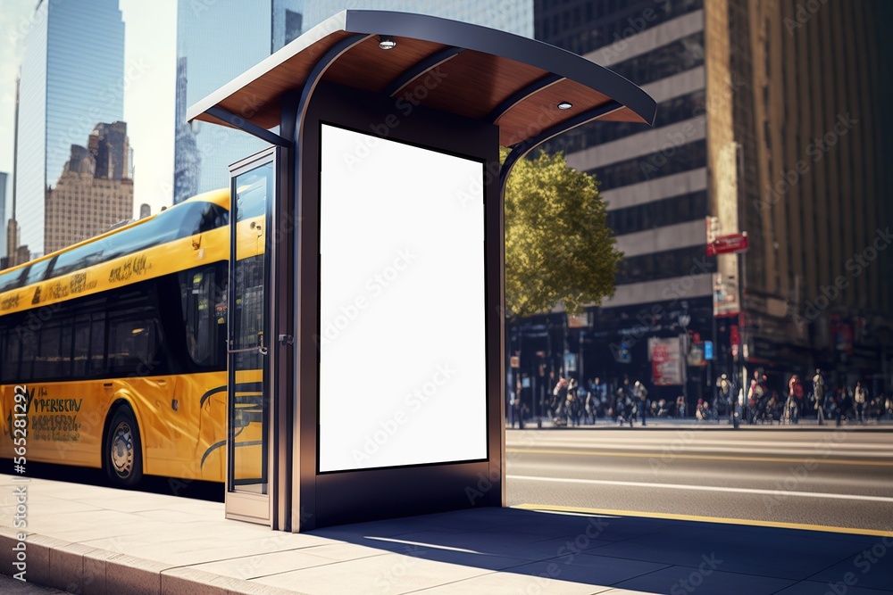 Vertical blank white billboard at bus stop on city street. In the ...