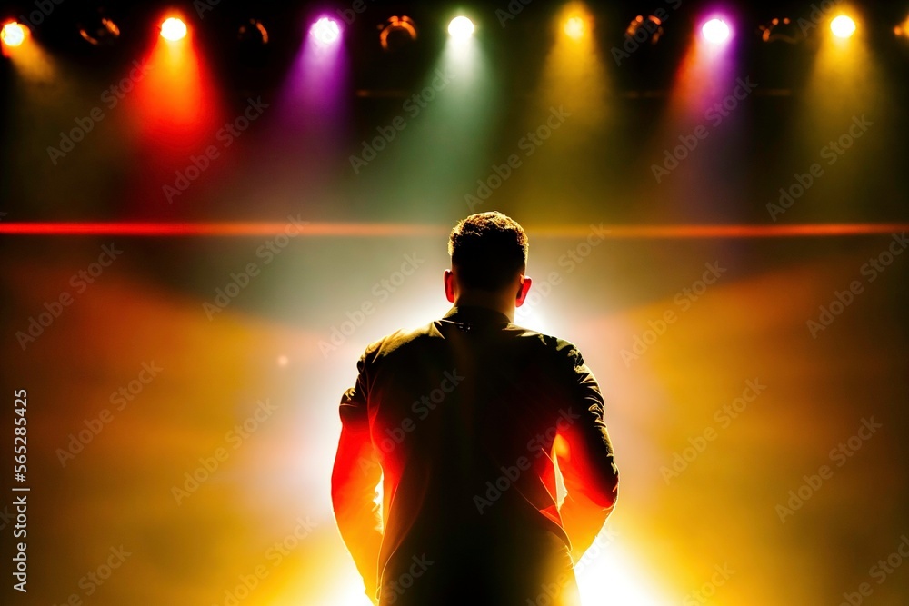 Silhuette of back of a male singer on stage lighted by a spotlight ...