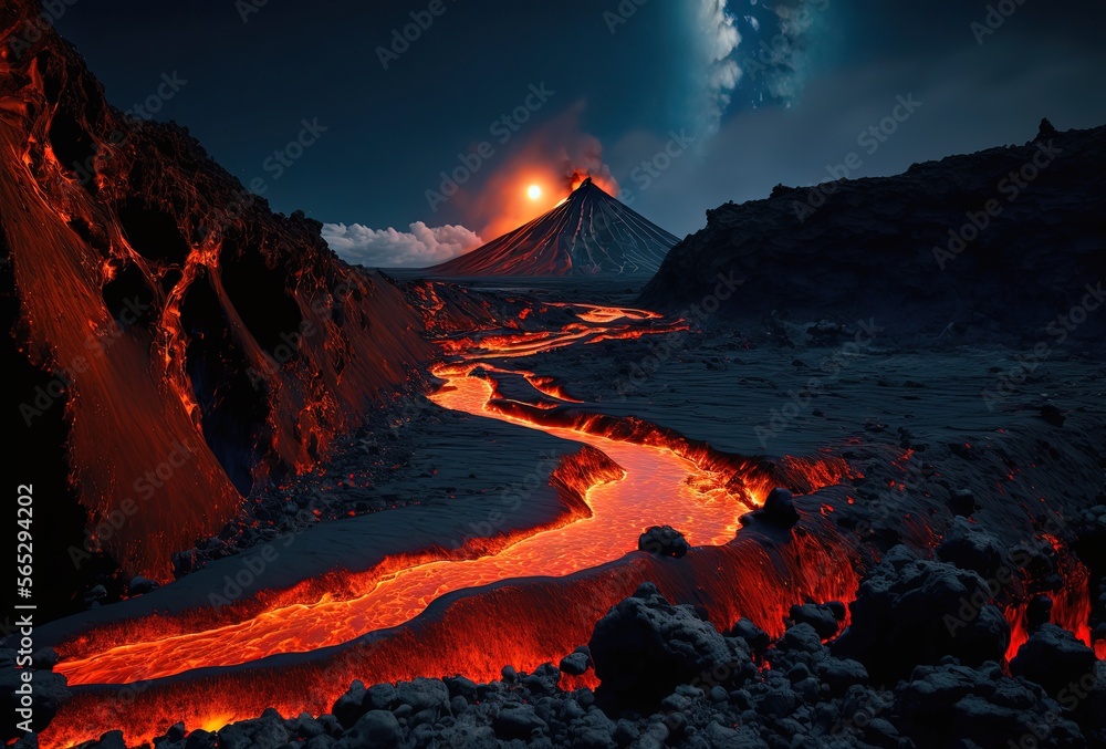 volcano eruption with lava river flow on ground at night time ...