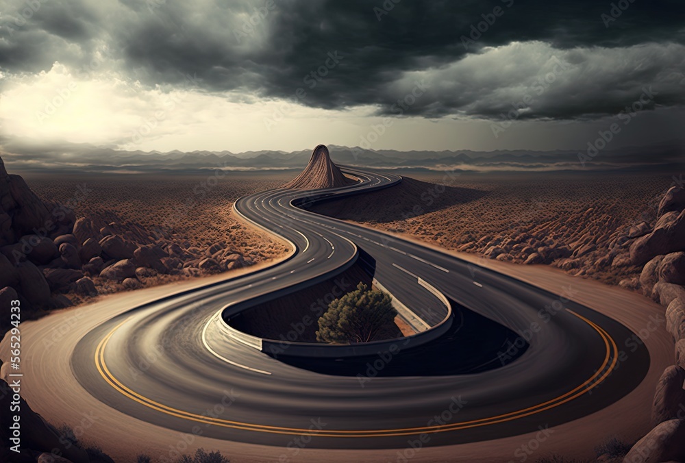 ภาพประกอบสต็อก surreal road swirl in loop in wasteland, idea for ...