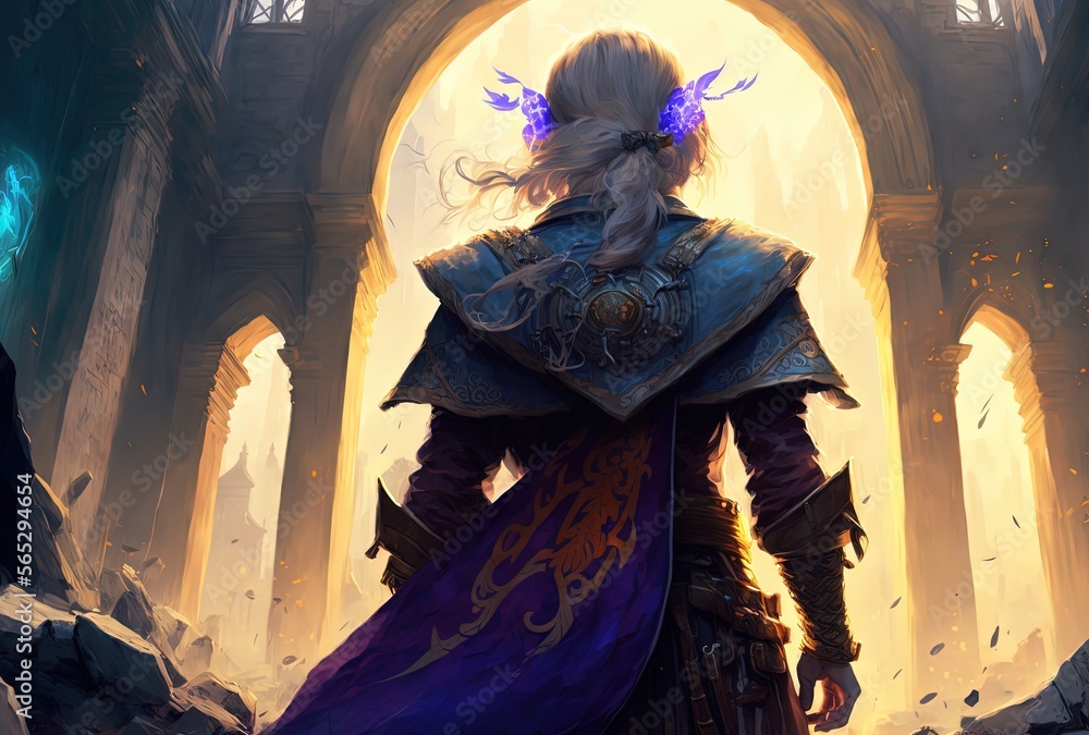 illustration of a hero walking to the castle door passage with light ...