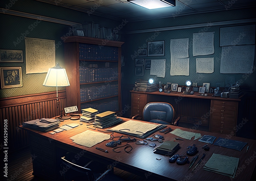 The nighttime detective's office Investigations office with desk boards ...
