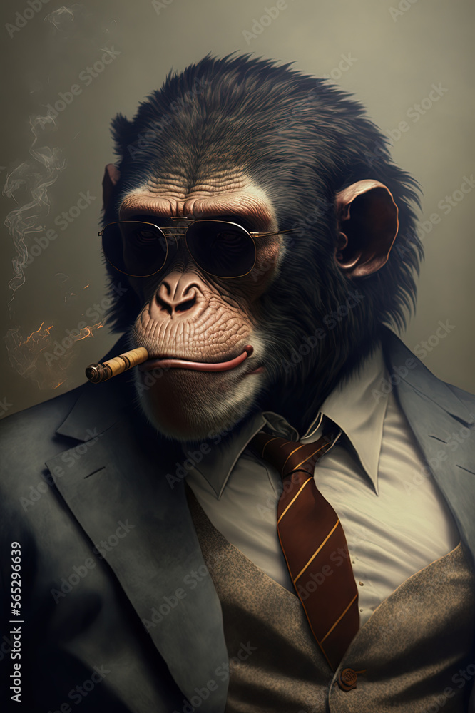 Monkey with a suit smoking cigar and wearing black sunglasses ...