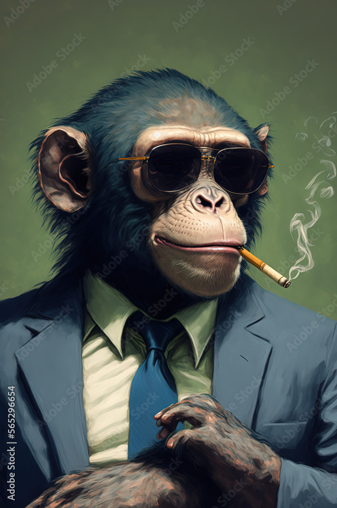 Monkey with a suit smoking cigar and wearing black sunglasses ...