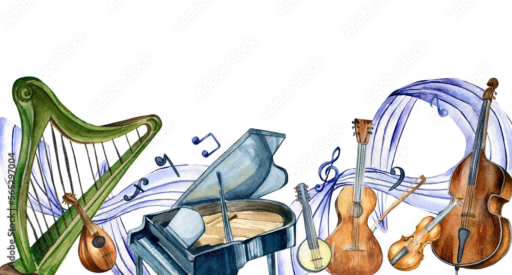 Board of classical musical instruments and note wave watercolor ...