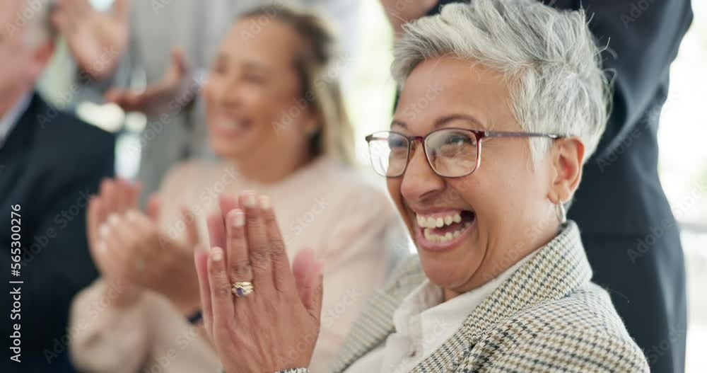 Business woman, applause and laughing with people at seminar, meeting ...