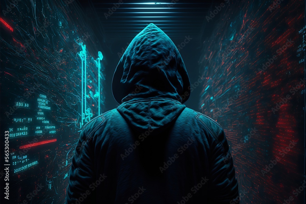 Back view of hacker in dark blue light room, Generative ai artwork ...