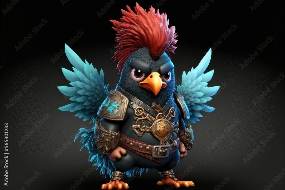 Cute rooster in warrior mascot costume on black background. 12 Chinese ...