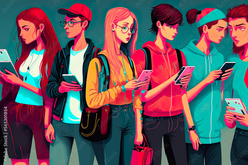 Illustration of a stylish teens stand with a gadgets on bright ...