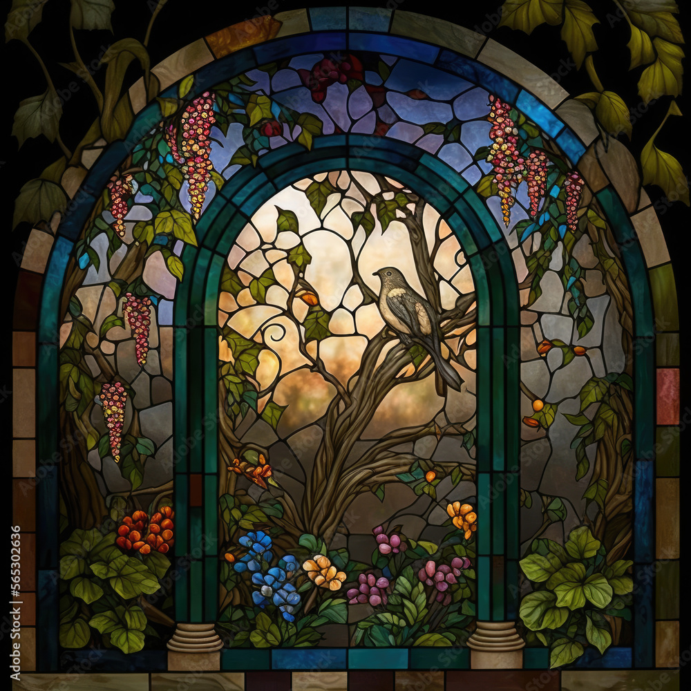 Stunning stained glass window illustration in a garden setting ...
