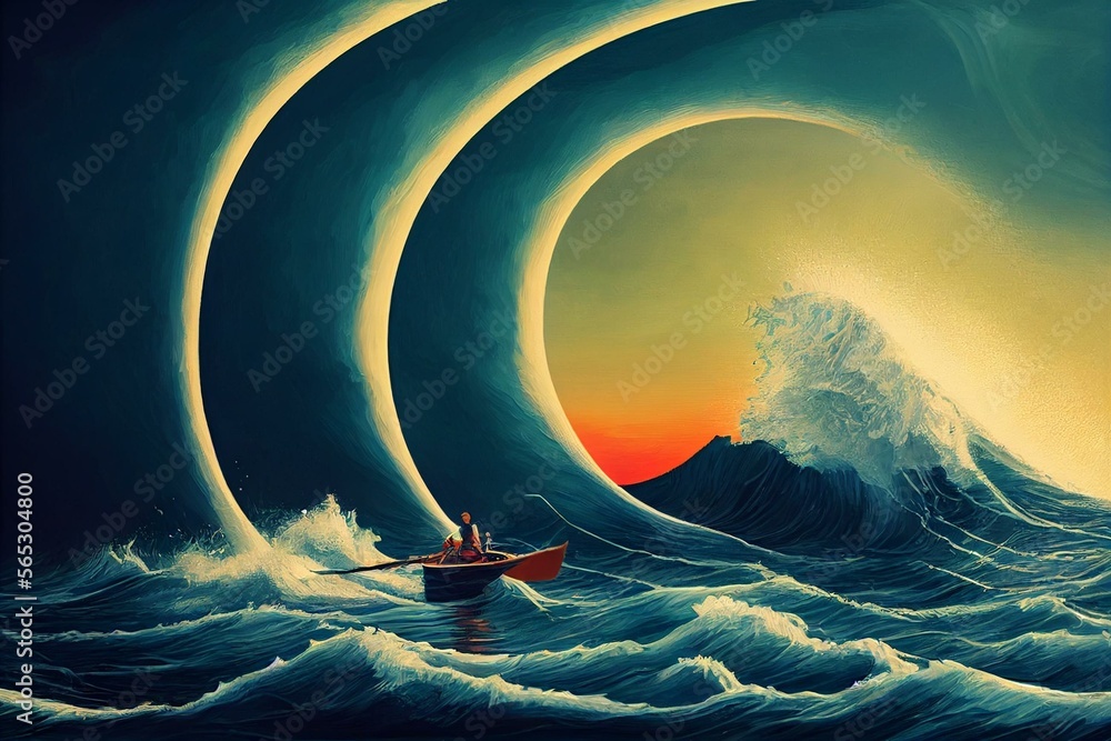 Illustration painting of a guy rowing a magic boat in a rough sea with ...