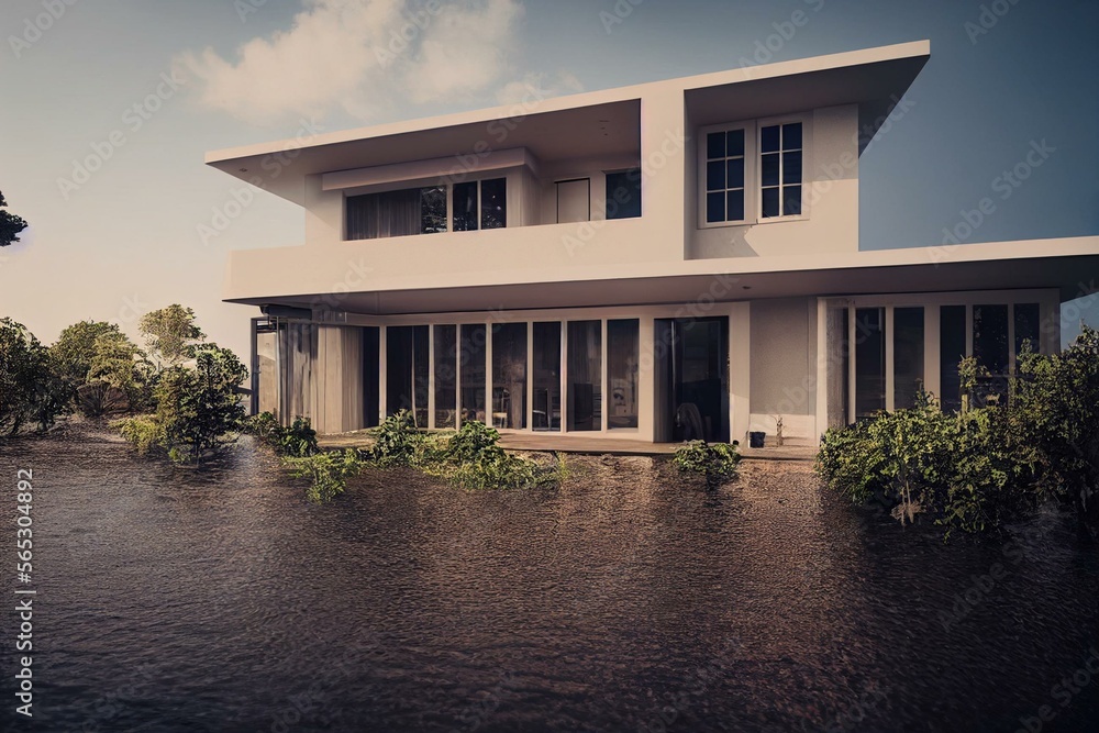 Water flows from tap on second floor and floods house. Generative AI ...