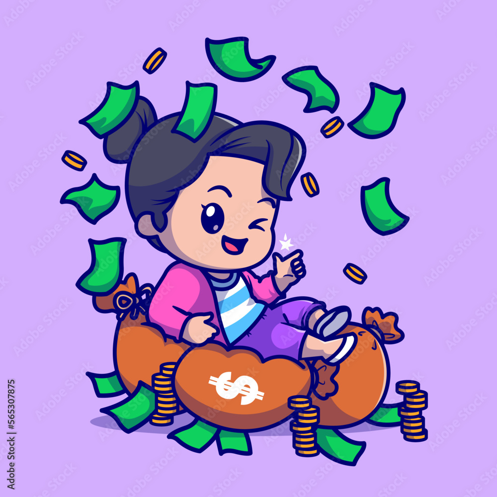 Cute Rich Girl With Money Cartoon Vector Icon Illustration. People ...