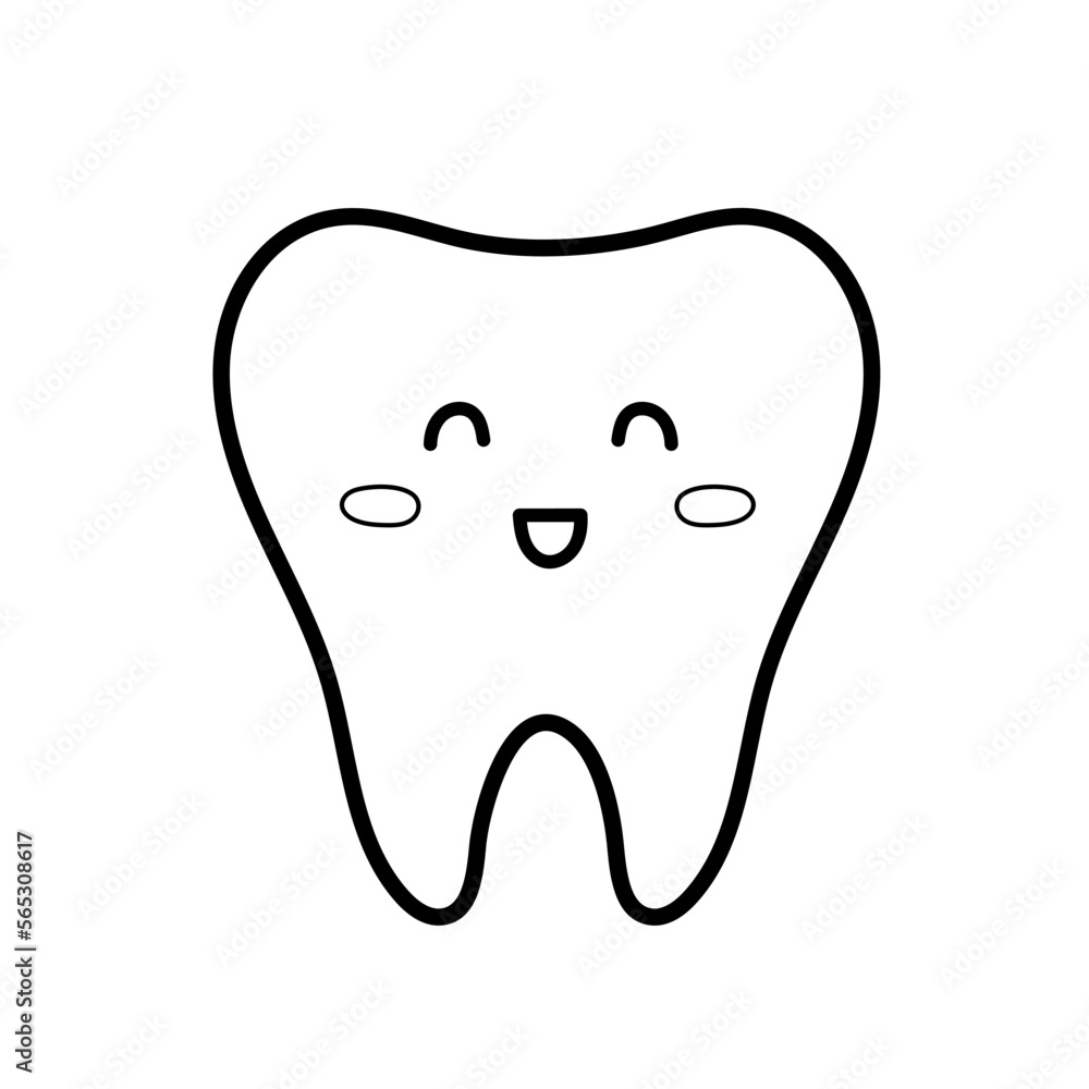 Happy smiling tooth in black and white. Healthy dental character ...