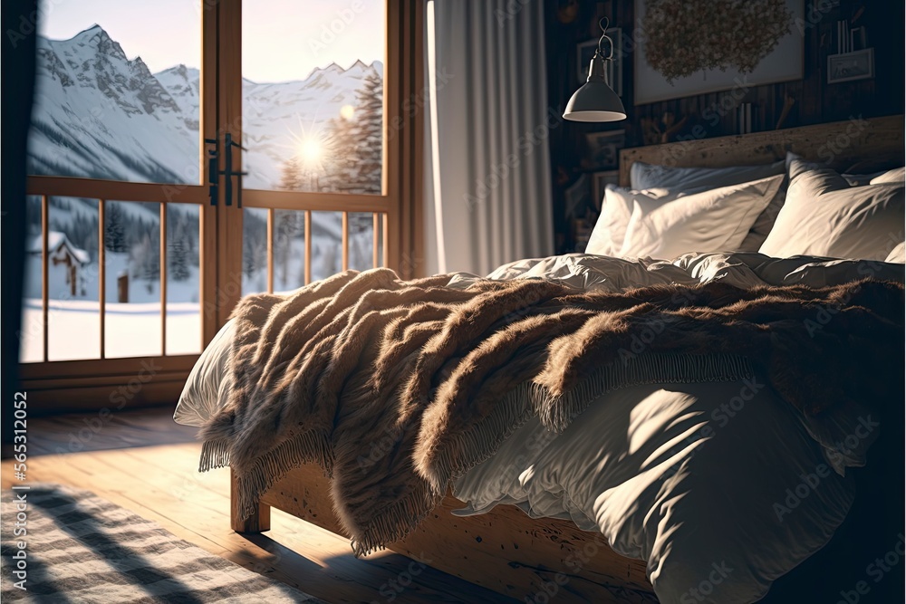 comfortable cocooning bed in winter in a wooden chalet in the mountains ...