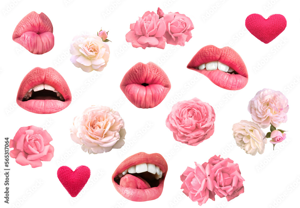 Romantic set of roses and lips for valentine day and love illustration ...
