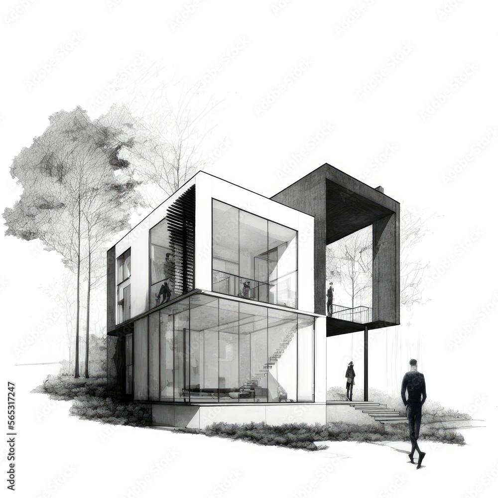 Architectural sketch of a modern house. Painting of a house sketch ...