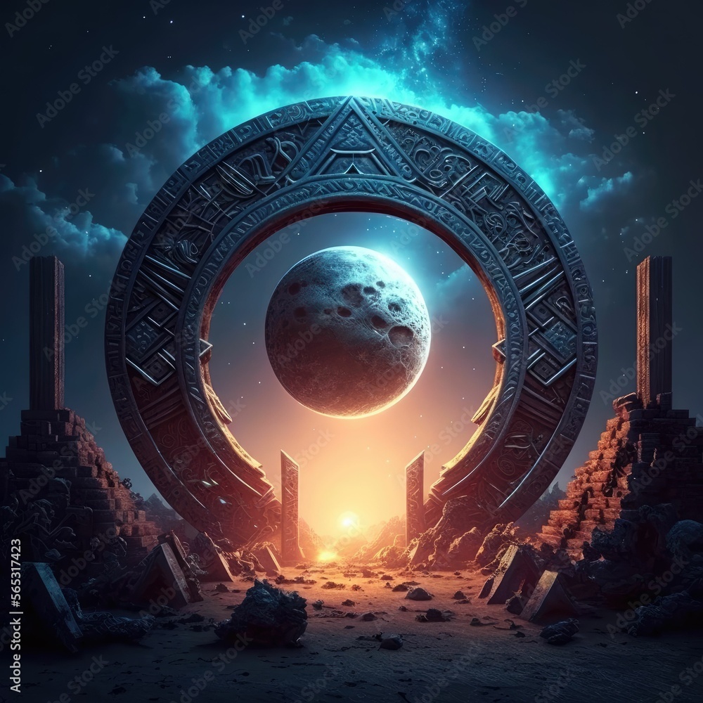 Adventurer walking through a giant gate to another world, fantasy art ...