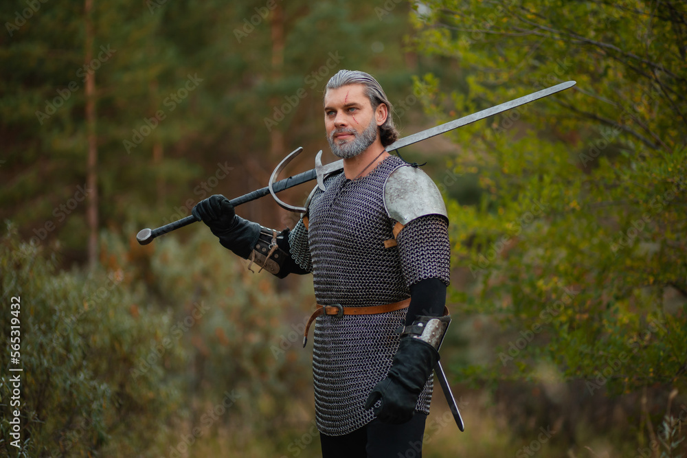 An aged male warrior in chain mail with gray hair and a scar on his ...