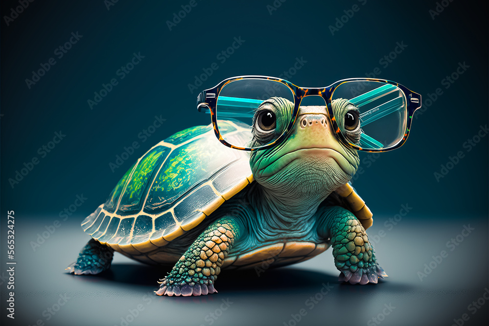 Smart Turtle: A Cute Little Green Turtle Wearing Glasses Stock ...