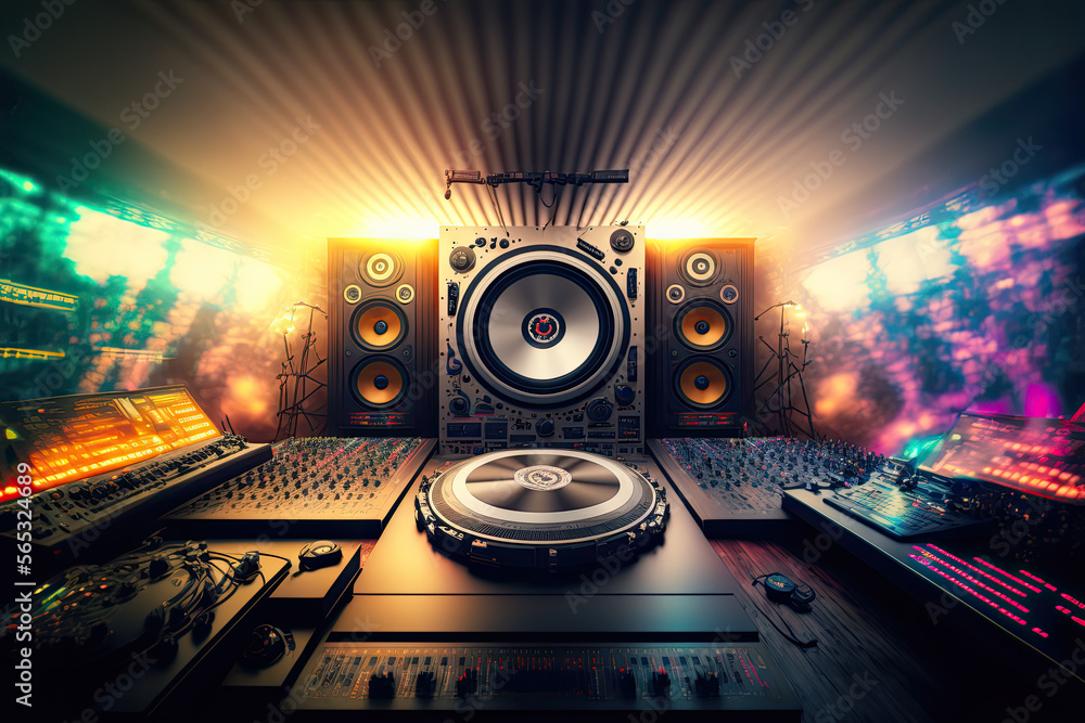 Generative AI illustration of a DJ set with mixer, cd players and ...