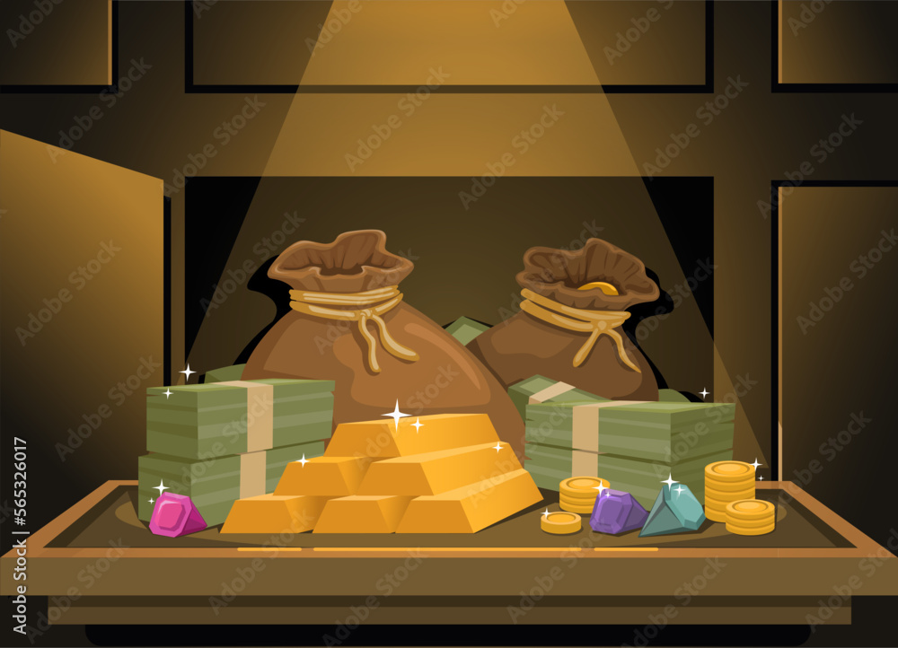 Vault locker with money gold and jewellery cartoon illustration vector ...