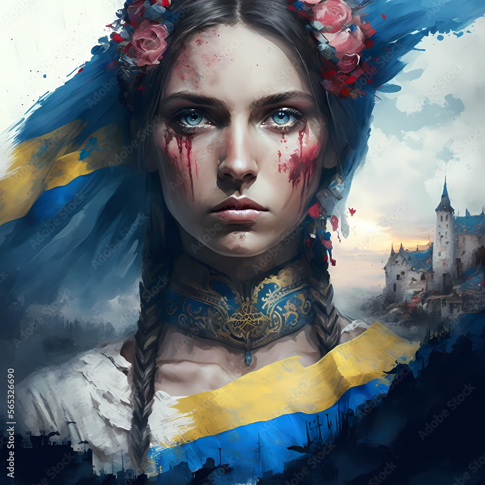 Abstract portrait of Ukrainian girl, war concept, illustration. War in ...