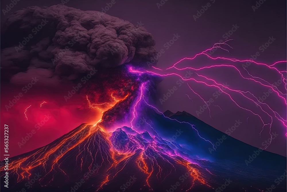 Volcanic eruption. Lava flows. Powerful explosion. Thunder and ...