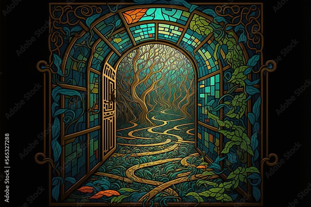 Arch stained glass window with magic trees. Stained glass maze ...