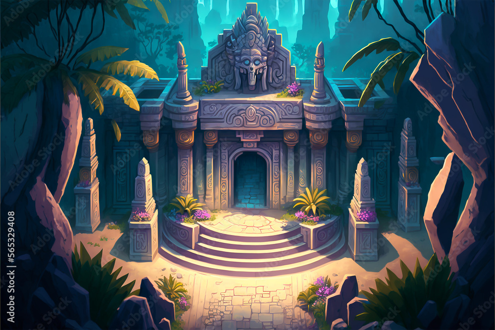 Mayan background. Concept art illustration of a god Mayan temple into ...
