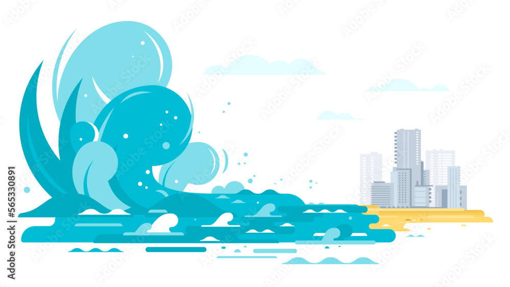 Simple big Tsunami waves coming to city in flat style isolated, big ...