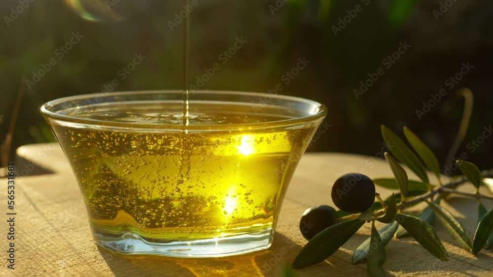 early harvest olive oil. pouring olive oil close up. oil made of fresh ...