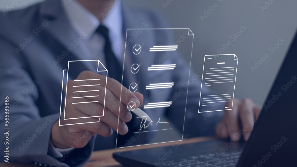Businessman using pen to sign electronic documents with virtual screen ...