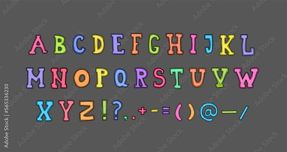 Colorful neon doodle style alphabet letters and punctuation marks ...
