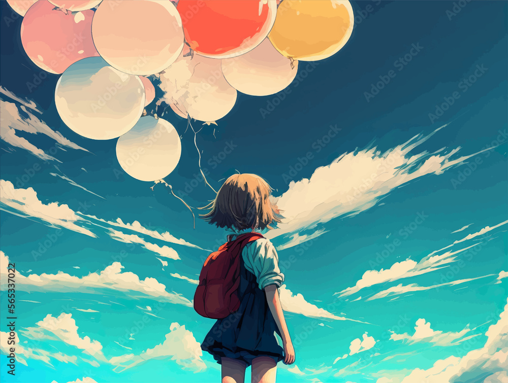 anime girl with balloons Stock イラスト | Adobe Stock