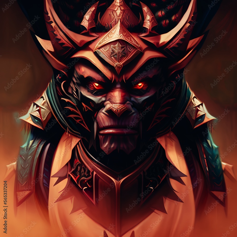 Demonic warrior with red glowing eyes wearing a helmet. Digital ...