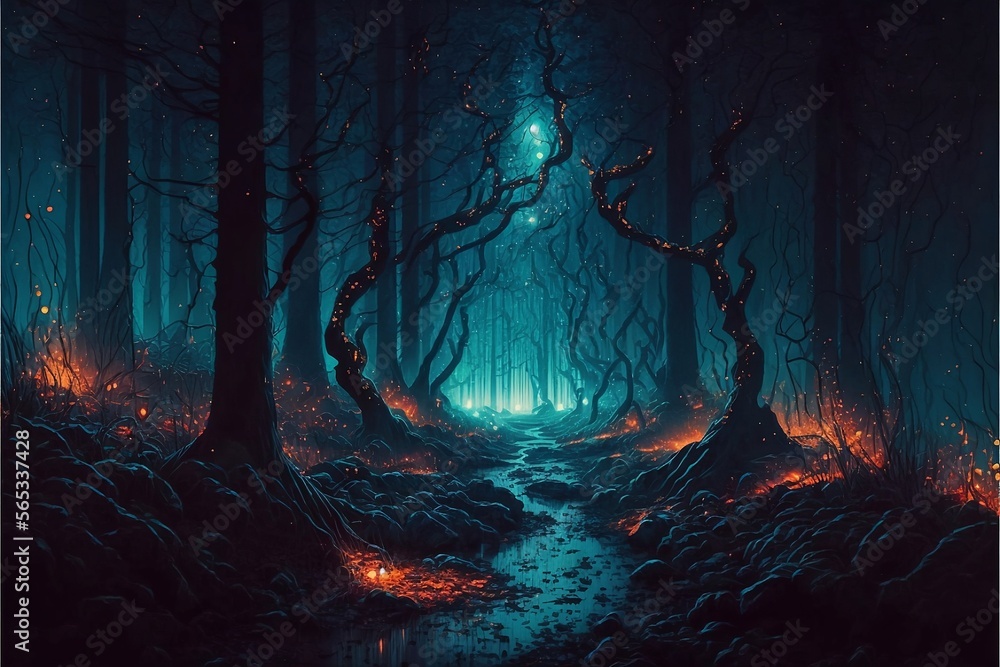 Gloomy fantasy forest scene at night with glowing light, Fantasy forest, Fairy tale. Created ...