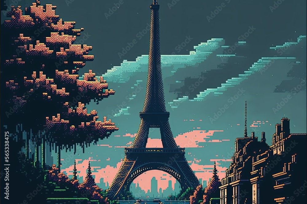 Pixel art Eiffel Tower, public park with trees in Paris, city landscape ...