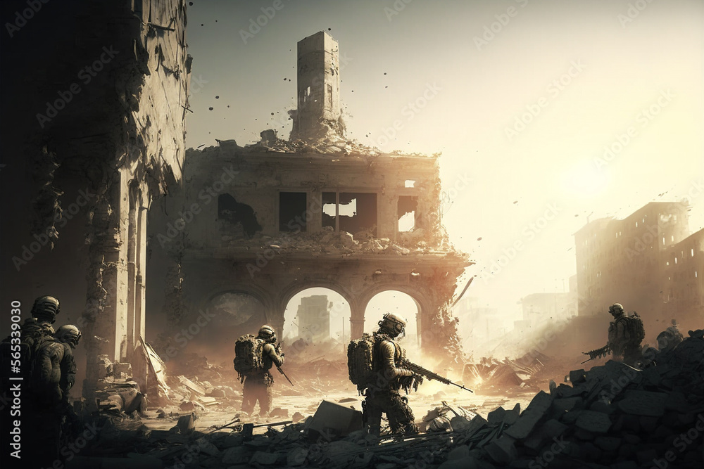 Group of Combat-Ready Soldiers Surveying the Devastated War zone ...